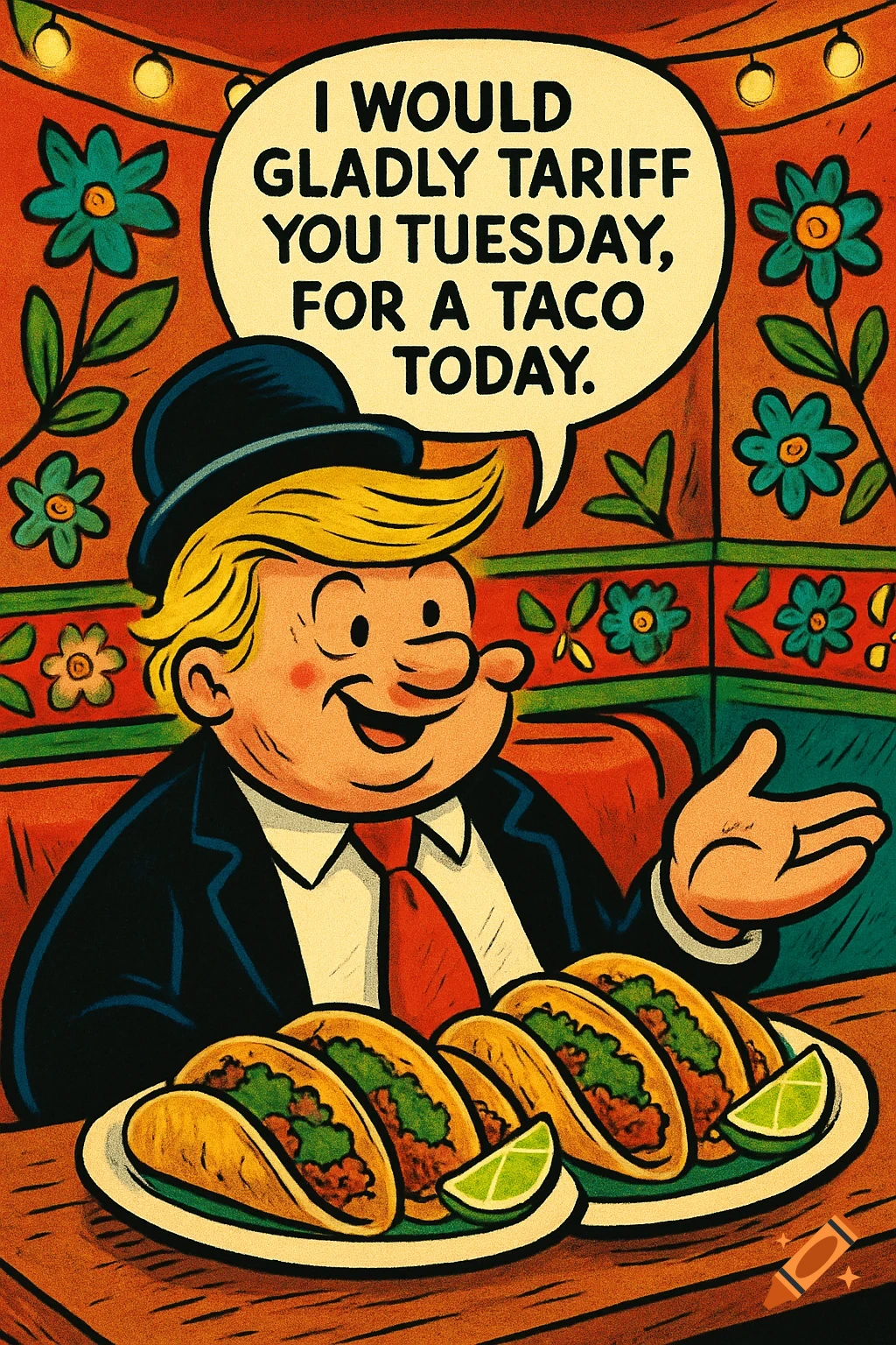 Satirical cartoon of Donald Trump at dinner table with humorous ...