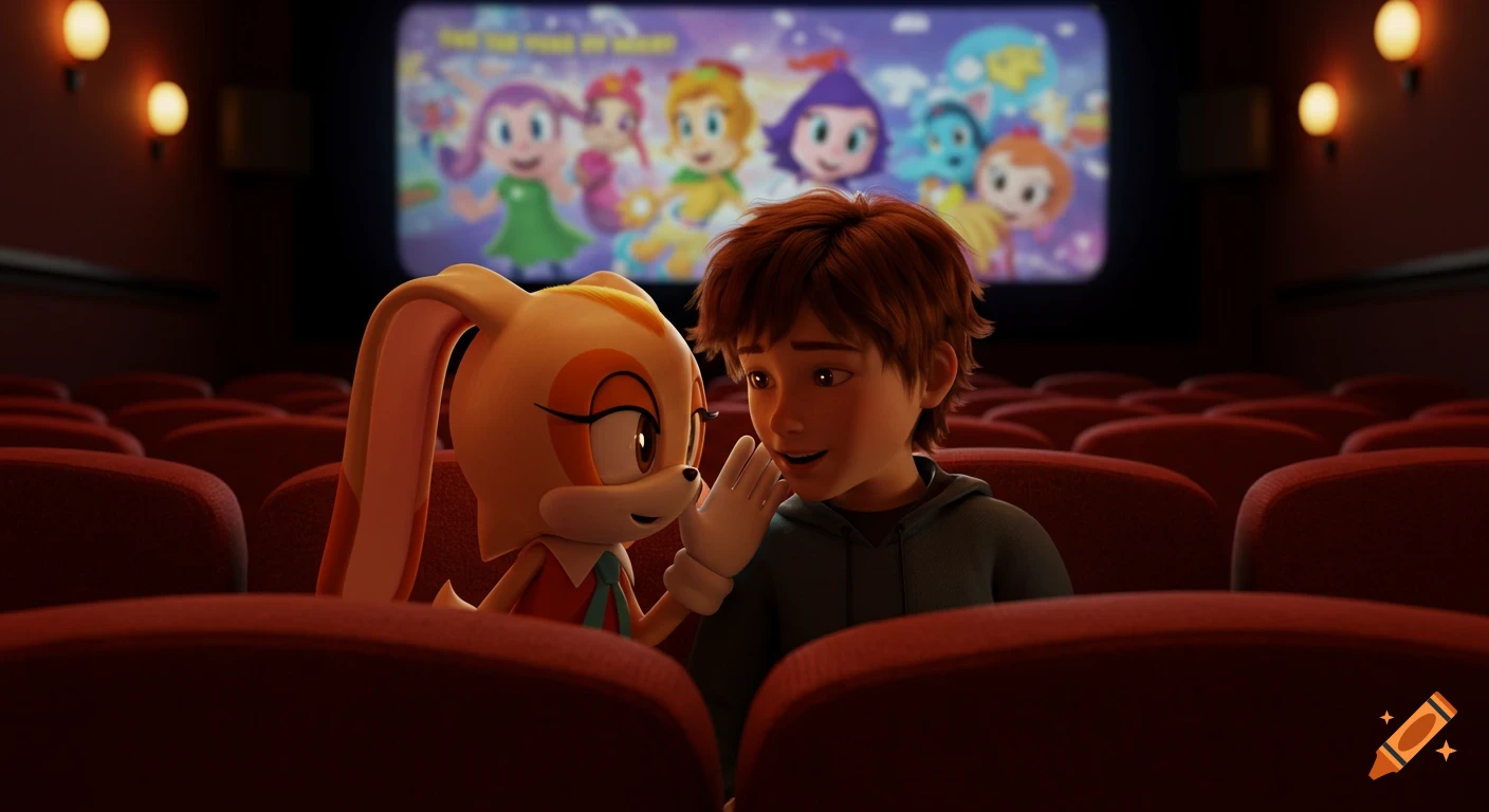 Cream the Rabbit and a boy whisper in a dimly lit movie theater ...