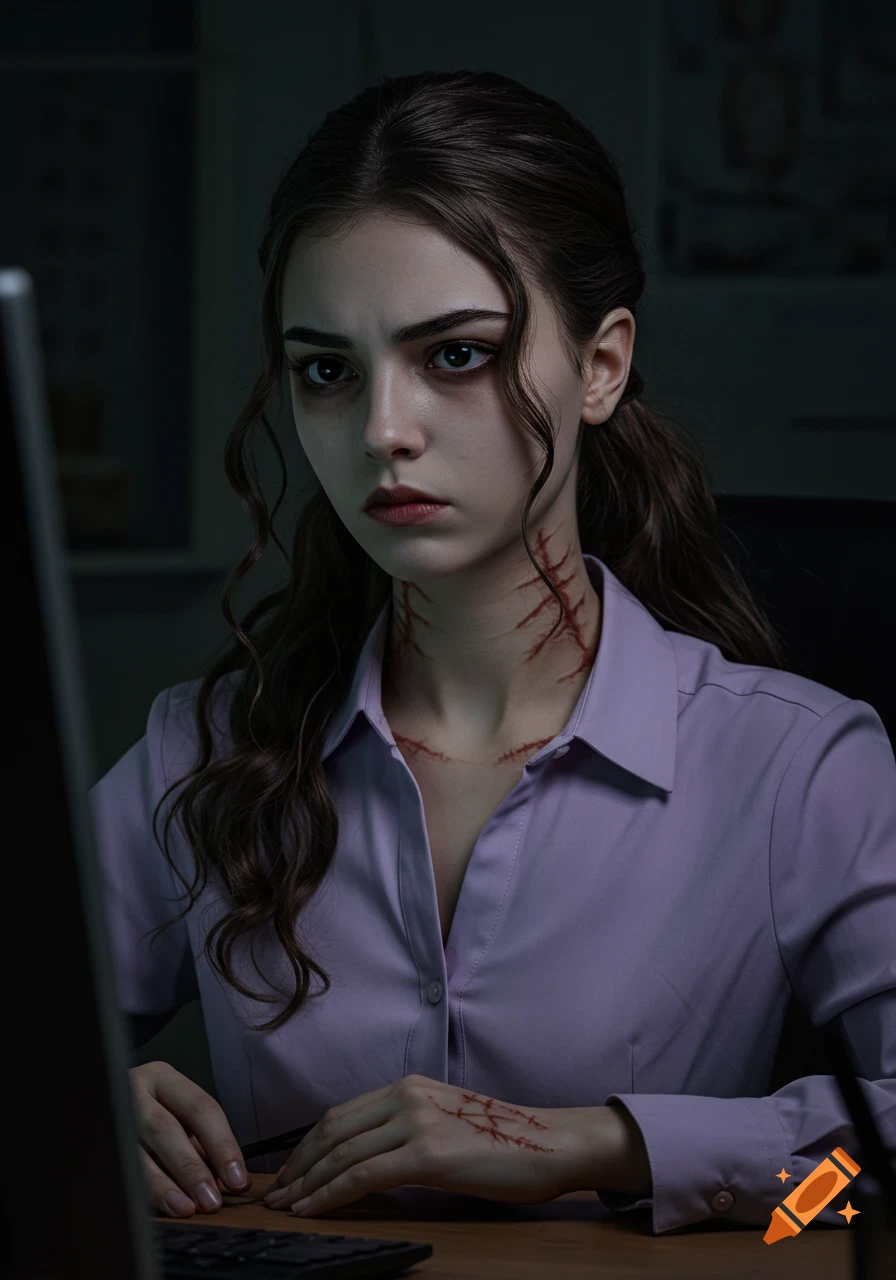 Photorealistic portrait of a young woman with scars on her neck and hand, dark circles under her ...