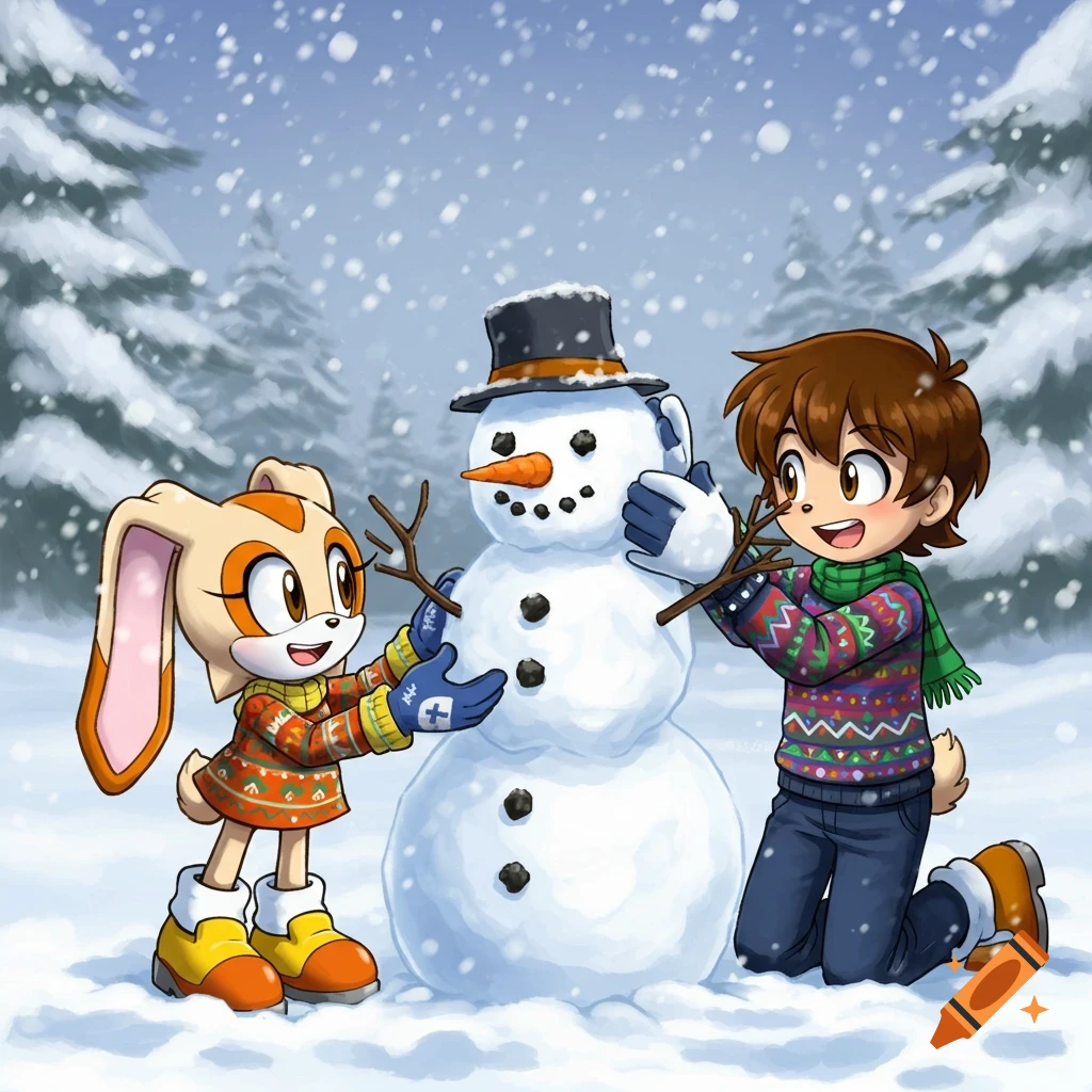 Cream the Rabbit and a boy in festive sweaters build a snowman in a ...