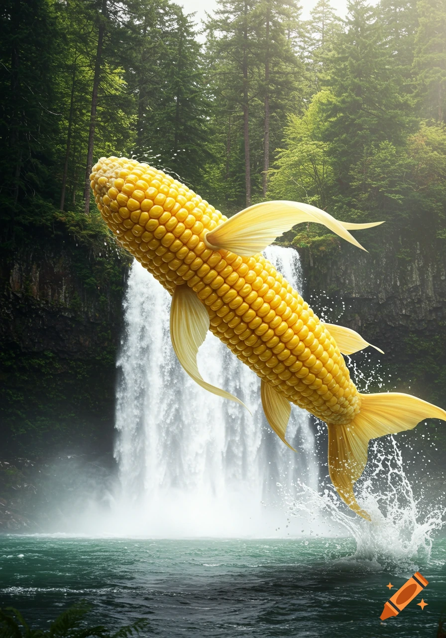 A photorealistic and surreal image of a large corn on the cob with fish ...