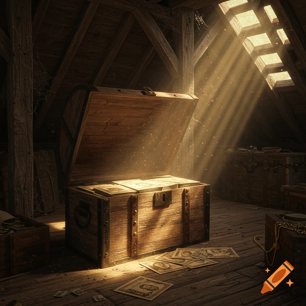 A treasure chest in a dusty attic with sunbeams shining down on money ...