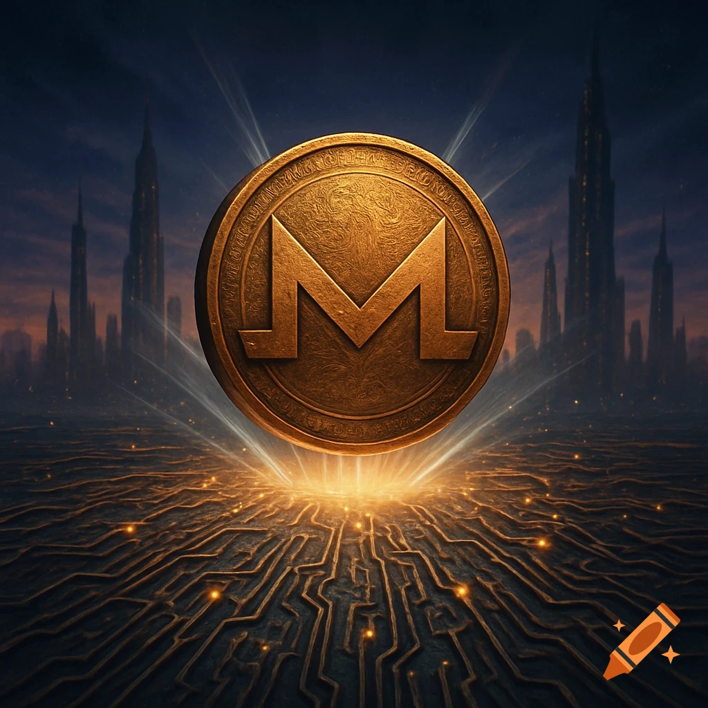 A golden Monero cryptocurrency coin with a large 'M' emblem glows over ...