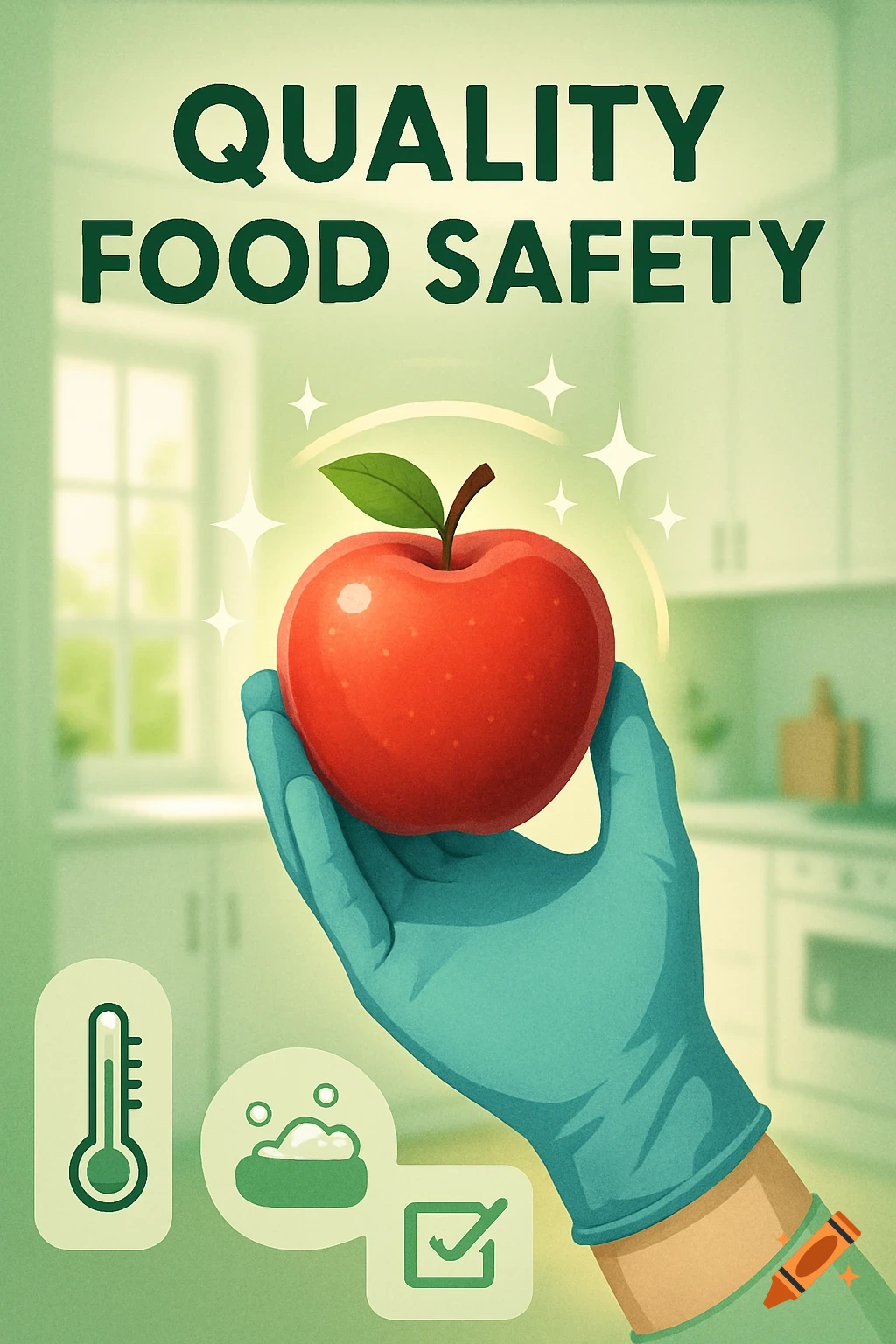 A bright illustration of a gloved hand holding a glowing red apple with ...