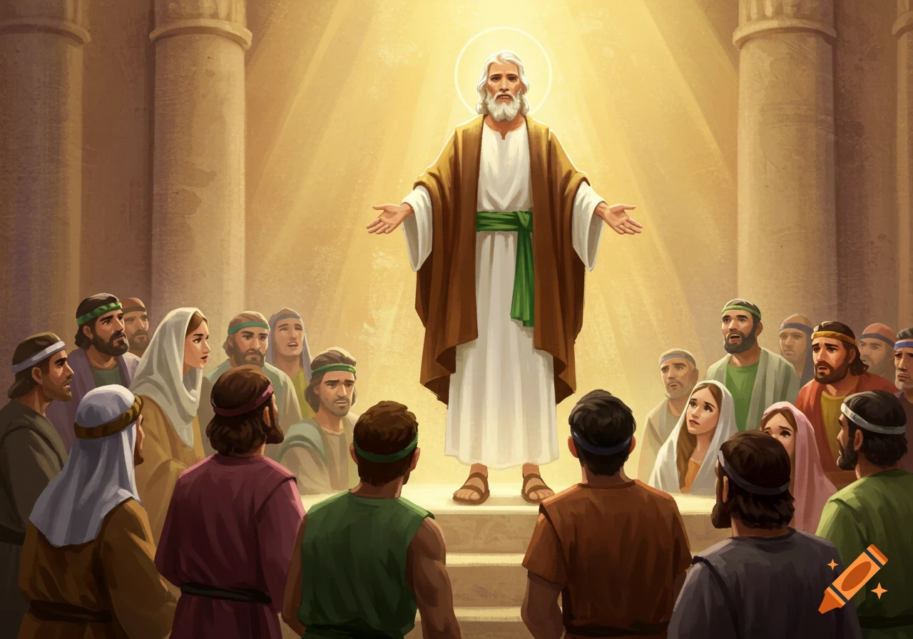 Two men in ancient robes pray in a golden-lit church with stained glass ...