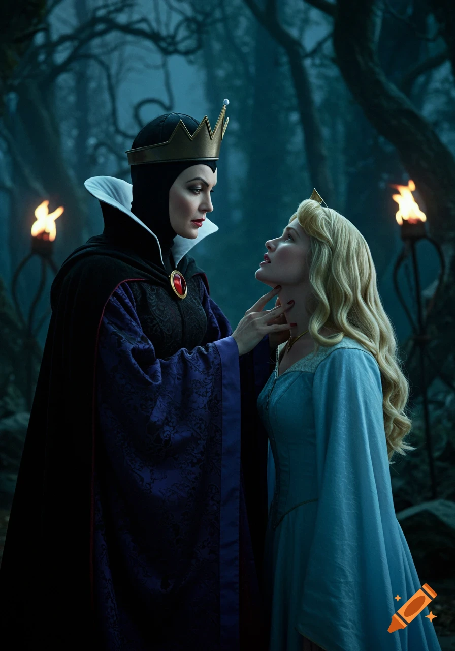 The Evil Queen in black and purple holds Princess Aurora's chin in a ...