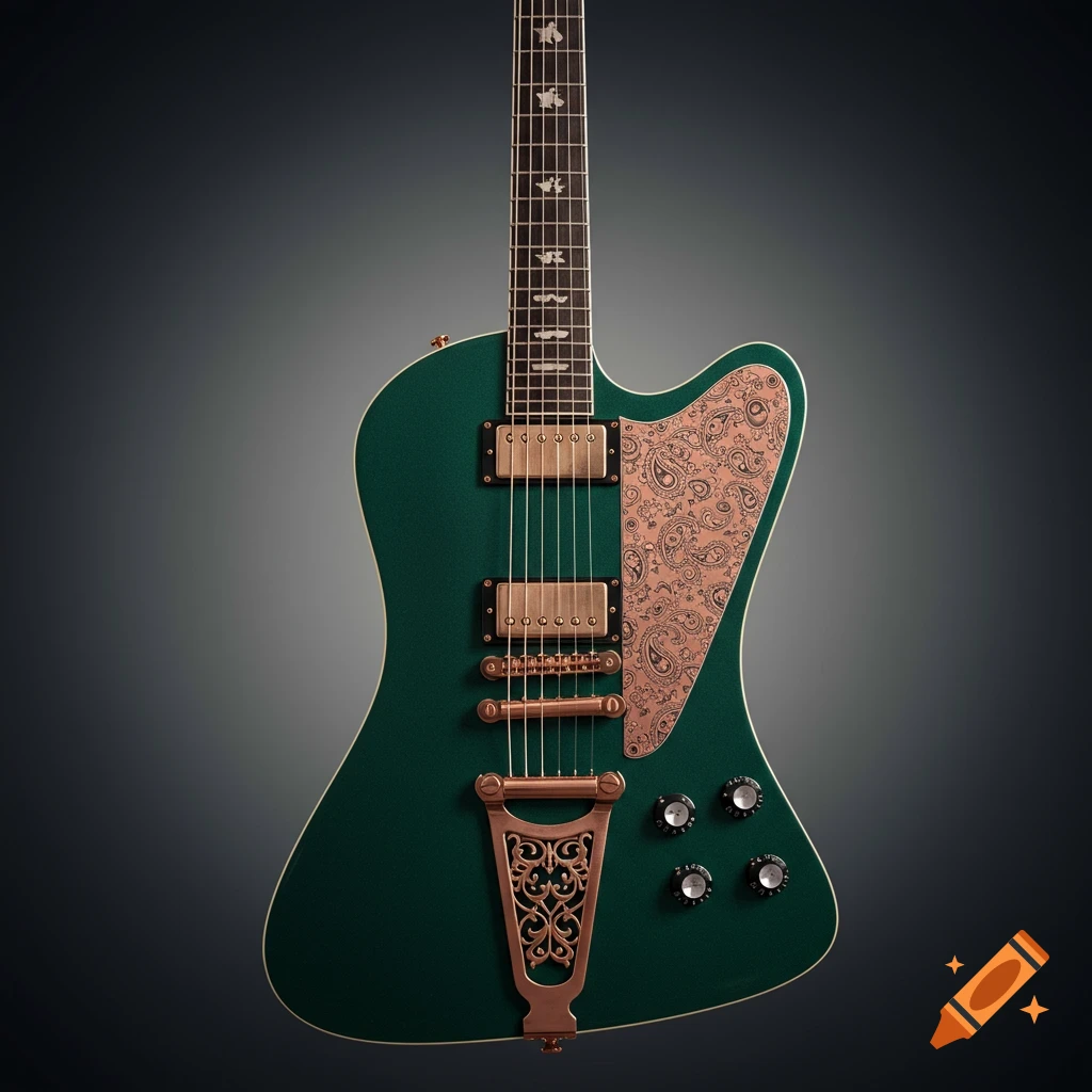 A photorealistic image of a Gibson Firebird guitar in Inverness Green ...