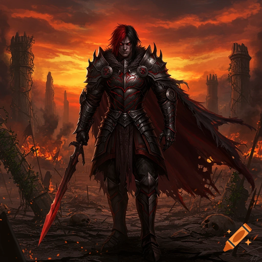 A dark fantasy male warrior in black and red armor, with black and red hair and glowing red eyes ...