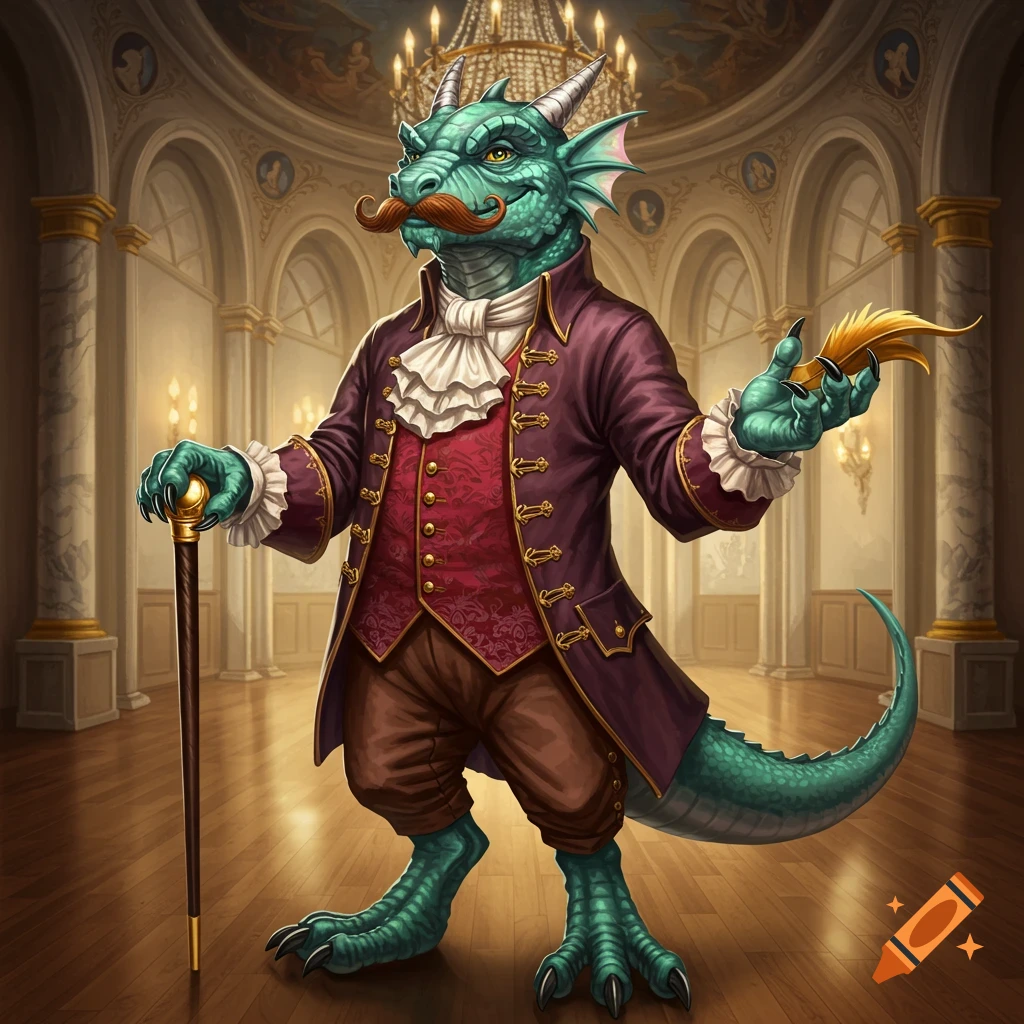 A teal-skinned dragon-like creature with an orange mustache in a purple ...