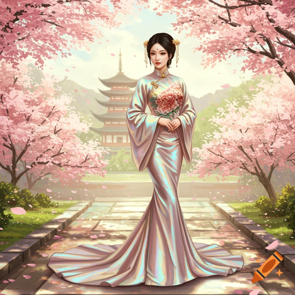 An artistic rendering of a Chinese lady in an iridescent long dress ...