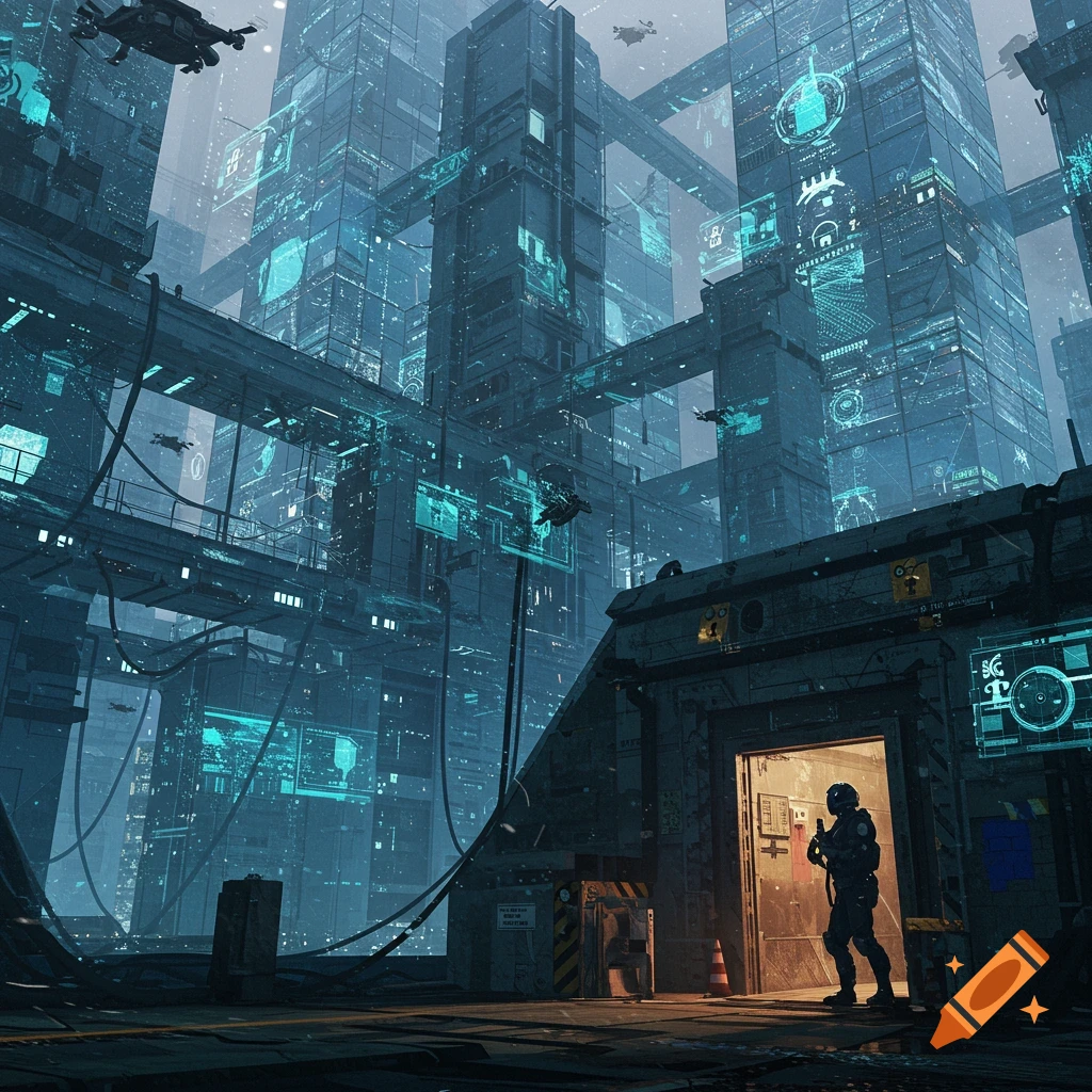 A dark, futuristic cyberpunk city with towering glass buildings glowing ...