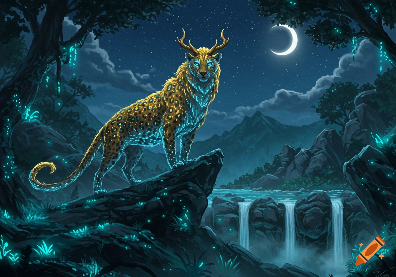 A glowing, horned cheetah-like creature stands on a rock in a mystical ...