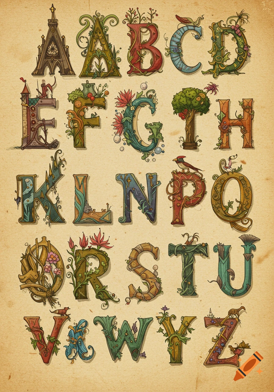 An ornate, illustrated alphabet with each letter adorned with nature ...