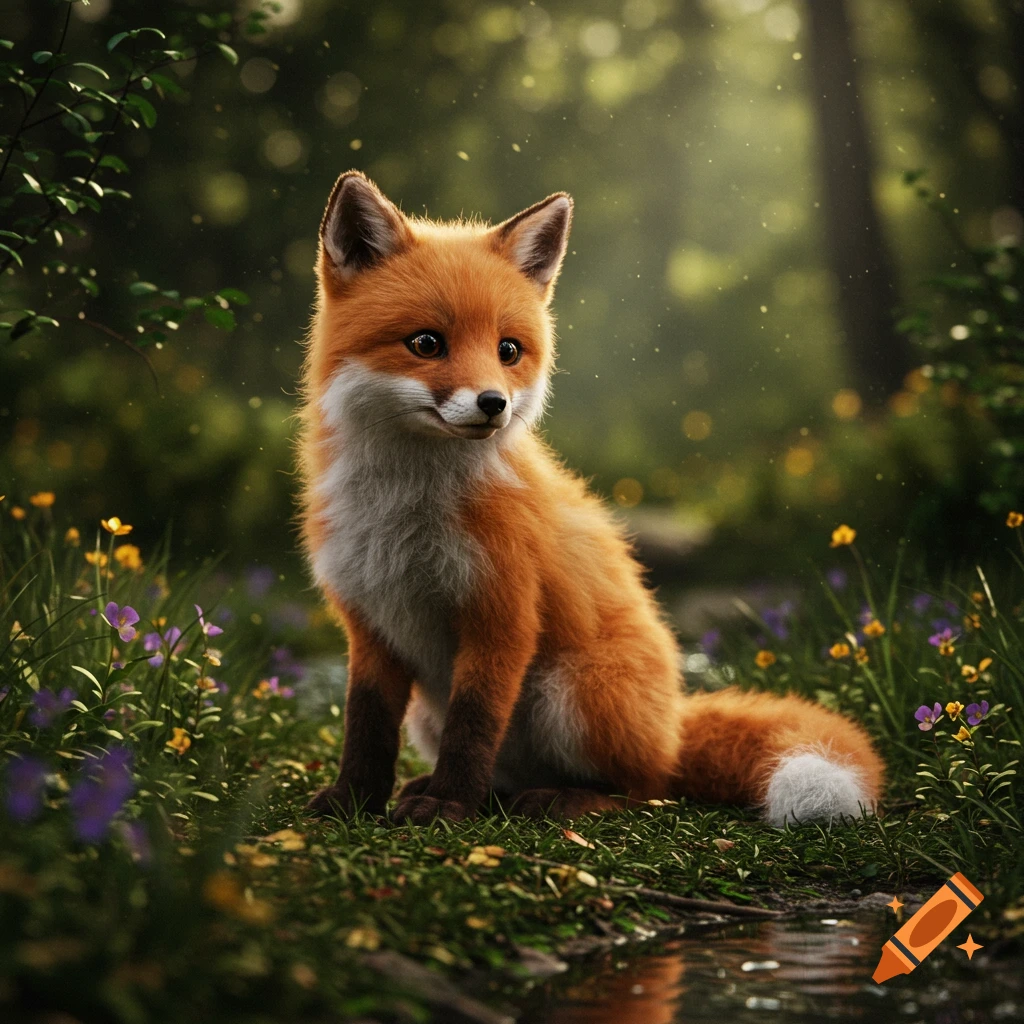 A majestic red fox sits among yellow and purple wildflowers in a sun ...