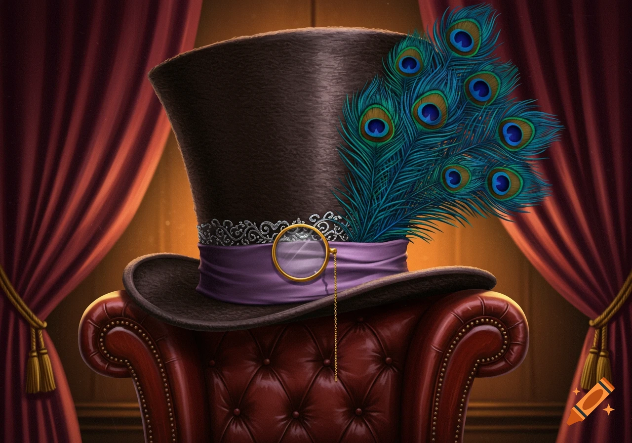 A luxurious brown top hat adorned with vibrant blue and green peacock ...
