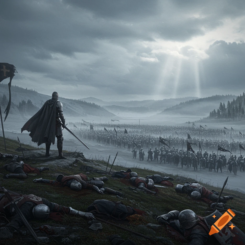 Three silhouetted figures on a hill overlook a vast ancient army ...