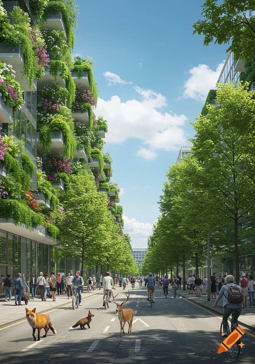 Photorealistic urban street with green buildings, trees, people cycling ...