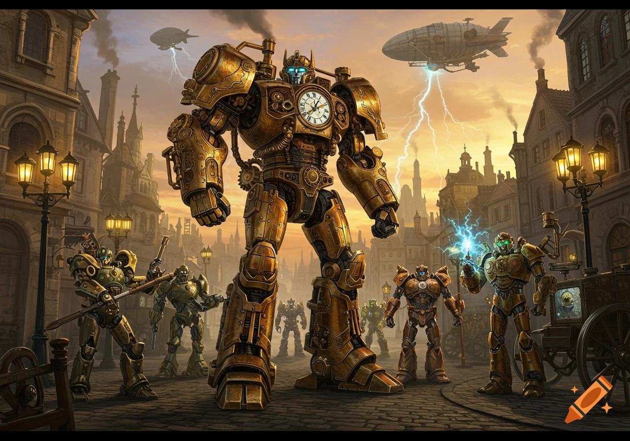 A massive brass and copper clockwork robot stands in a steampunk Victorian city, surrounded by ...