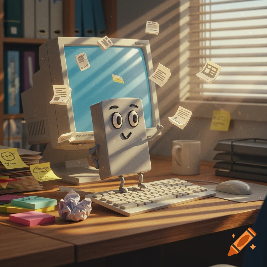 A friendly, cartoon paperclip character stands on a keyboard in a ...