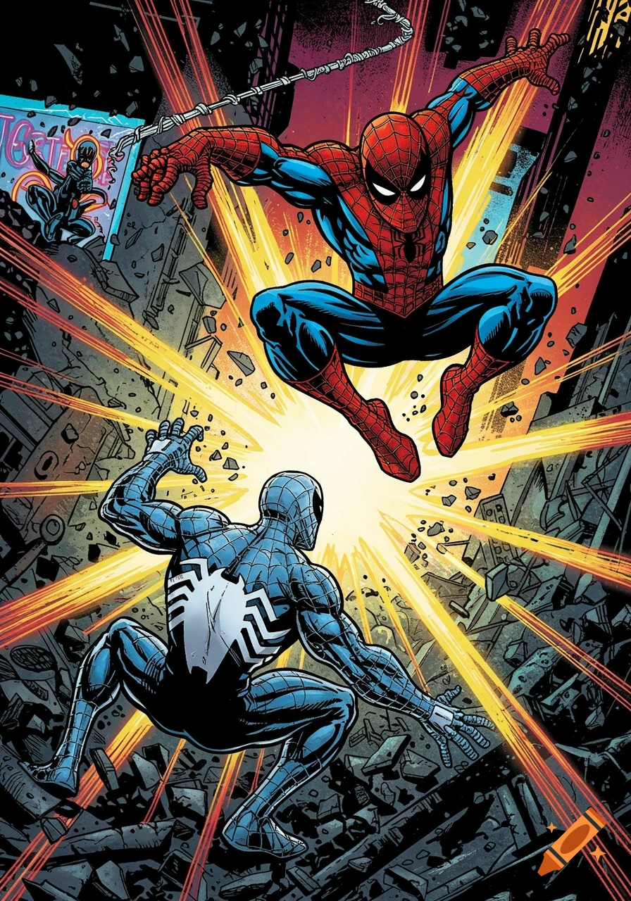 A vibrant comic book style battle between Spider-Man in his classic red ...