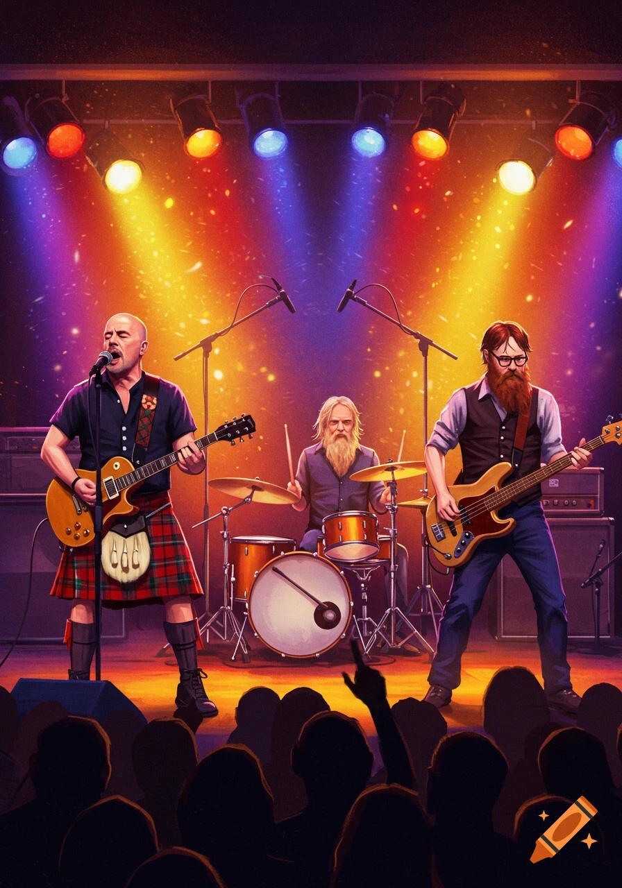 A three-person rock band performs on stage under bright colorful ...