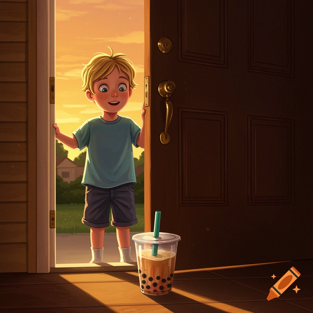 A happy blonde cartoon boy stands at an open doorway during sunset ...
