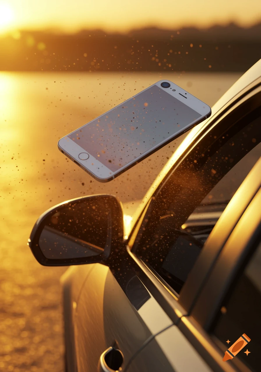 A photorealistic image of an iPhone falling from a car during a golden ...
