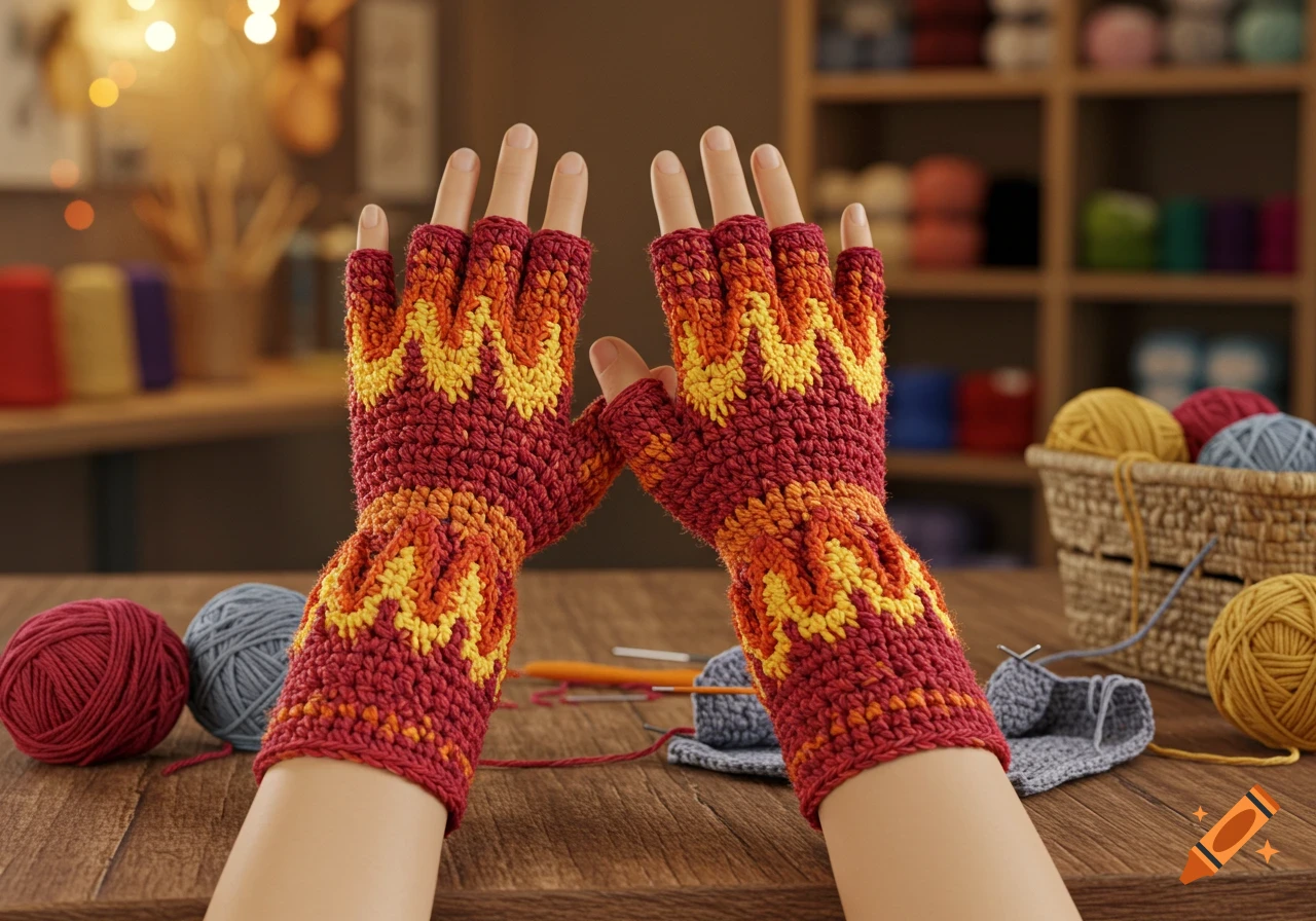 A pair of hands wearing crocheted fingerless mitts with red, orange, and yellow flame patterns ...