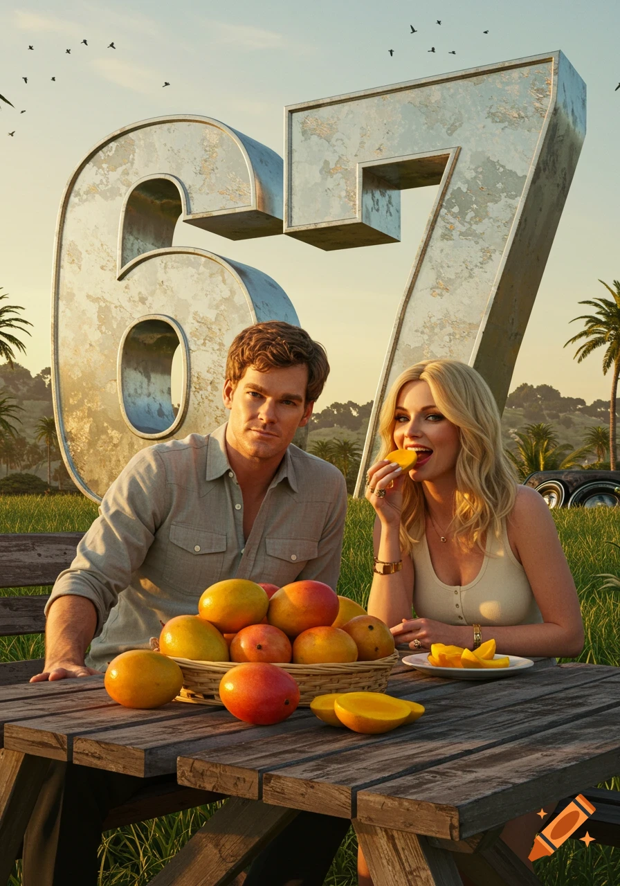 A man and woman sit at a picnic table with mangos in an outdoor setting ...