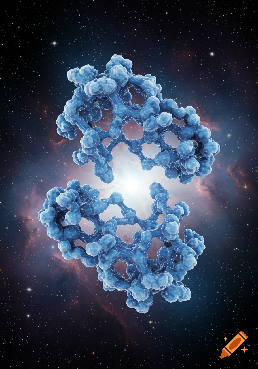 Two blue abstract molecular structures against a starry cosmic ...