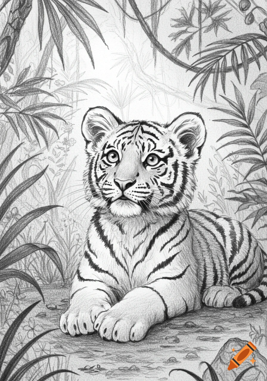 Pencil drawing of a tiger cub lying in a jungle. on Craiyon