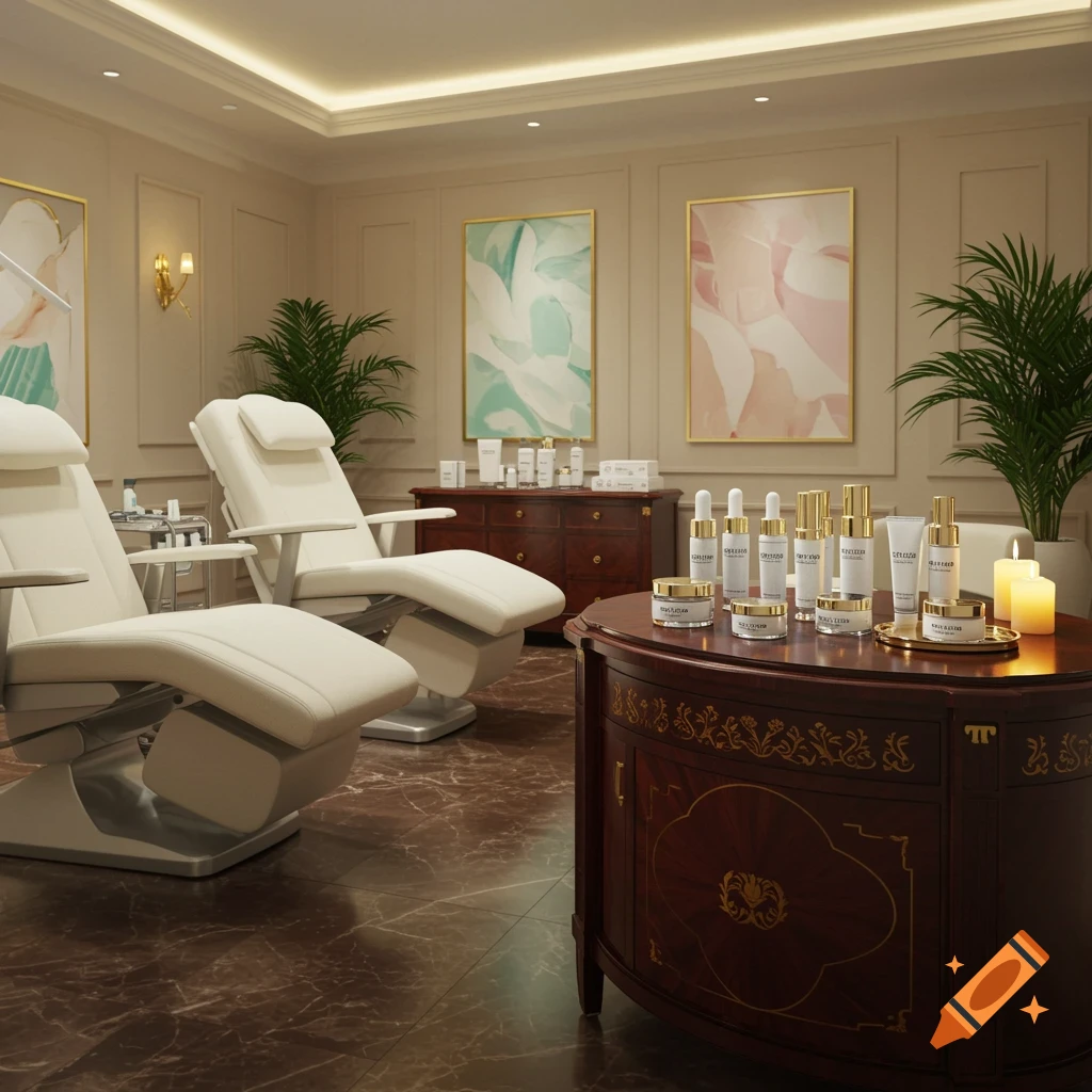 A luxurious spa room with two white aesthetic treatment chairs, a ...