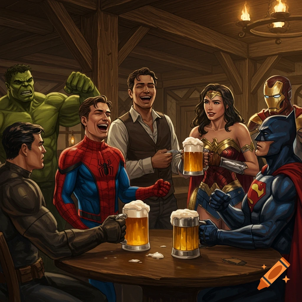 An illustration of Marvel and DC superheroes including Hulk, Spider-Man ...