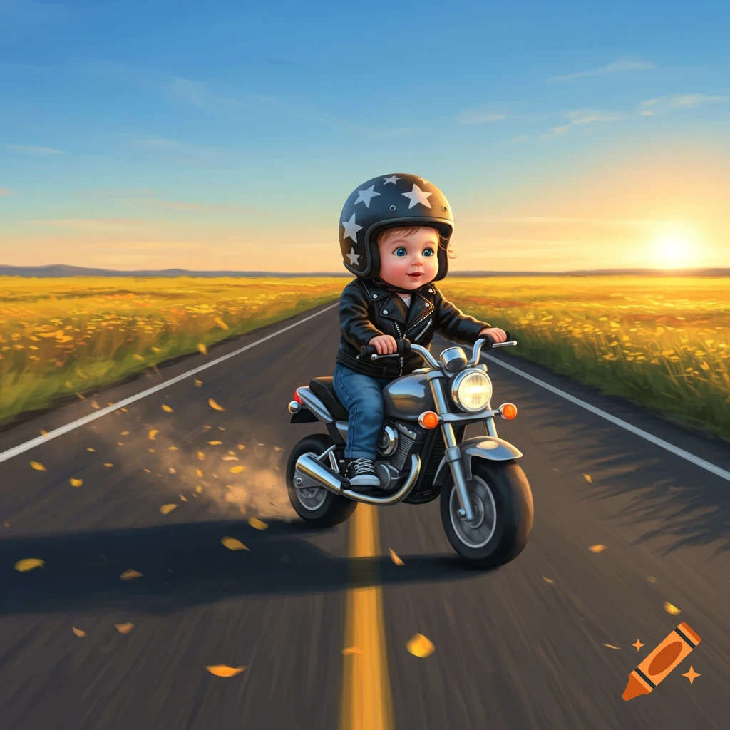 Cute baby wearing a helmet and leather jacket riding a motorcycle down ...