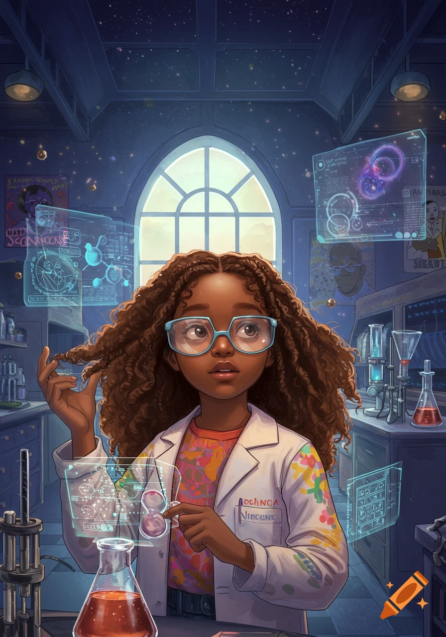 A serious Roblox-style girl scientist with black hair, brown skin, and ...