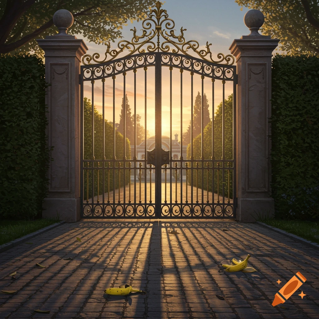 A grand ornate black and gold gate leading to a mansion, with sunlight ...