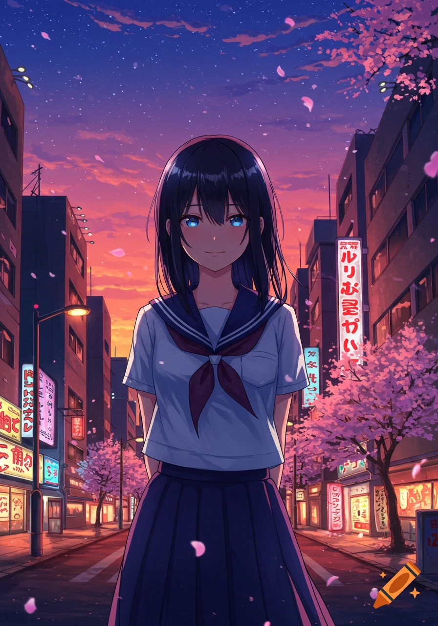 Anime illustration of a high school girl in a sailor uniform and ...