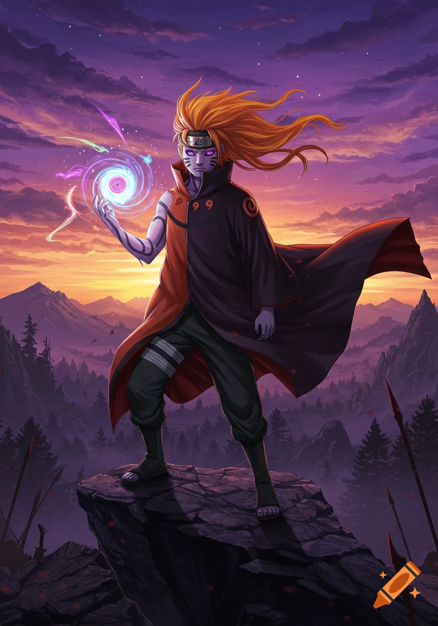 An anime character with orange spiky hair and a two-toned red and black ...