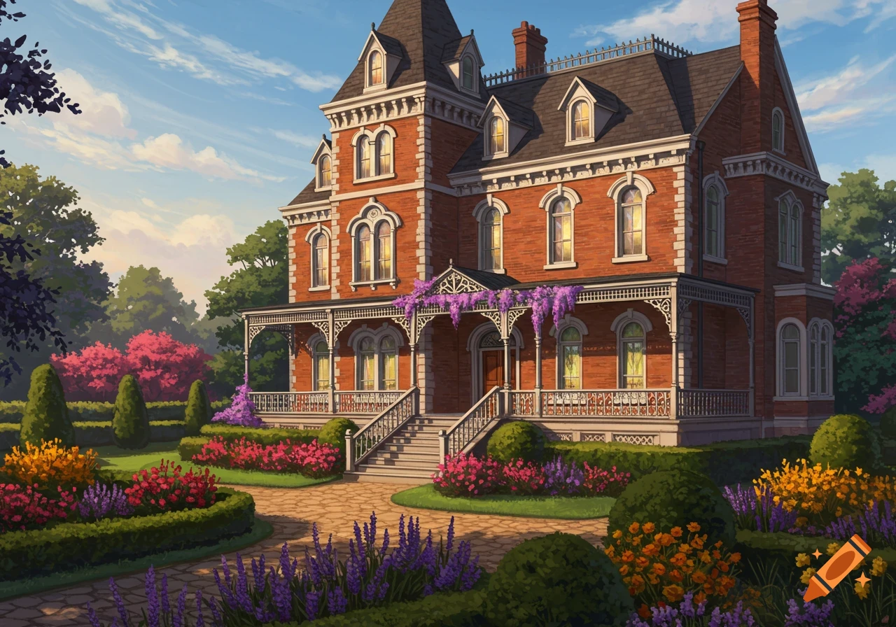 Photorealistic image of a stone mansion covered in purple flowers ...