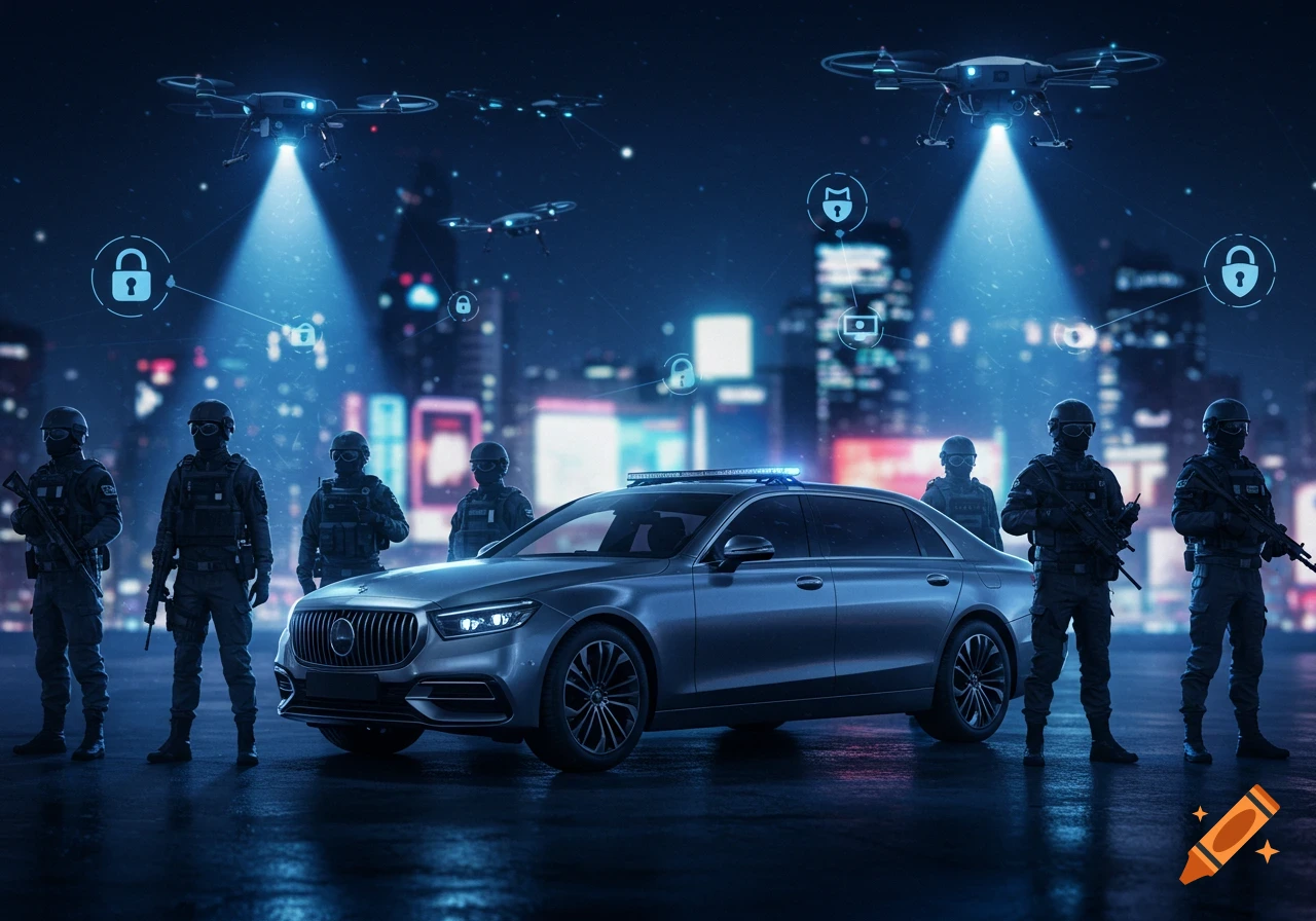 A sleek grey car with six armed security personnel and surveillance drones in a neon-lit ...