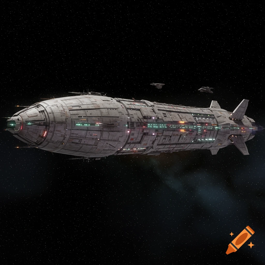 Large, detailed spaceship with city structures and screens, with ...