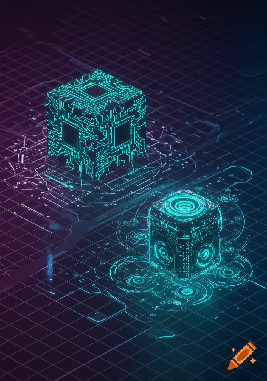 A glowing glass library cube floats majestically in deep space ...