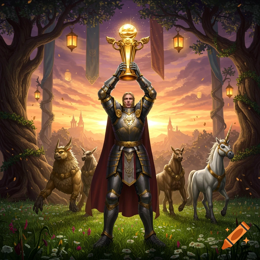 A knight in shining armor holds a golden trophy high in a magical ...
