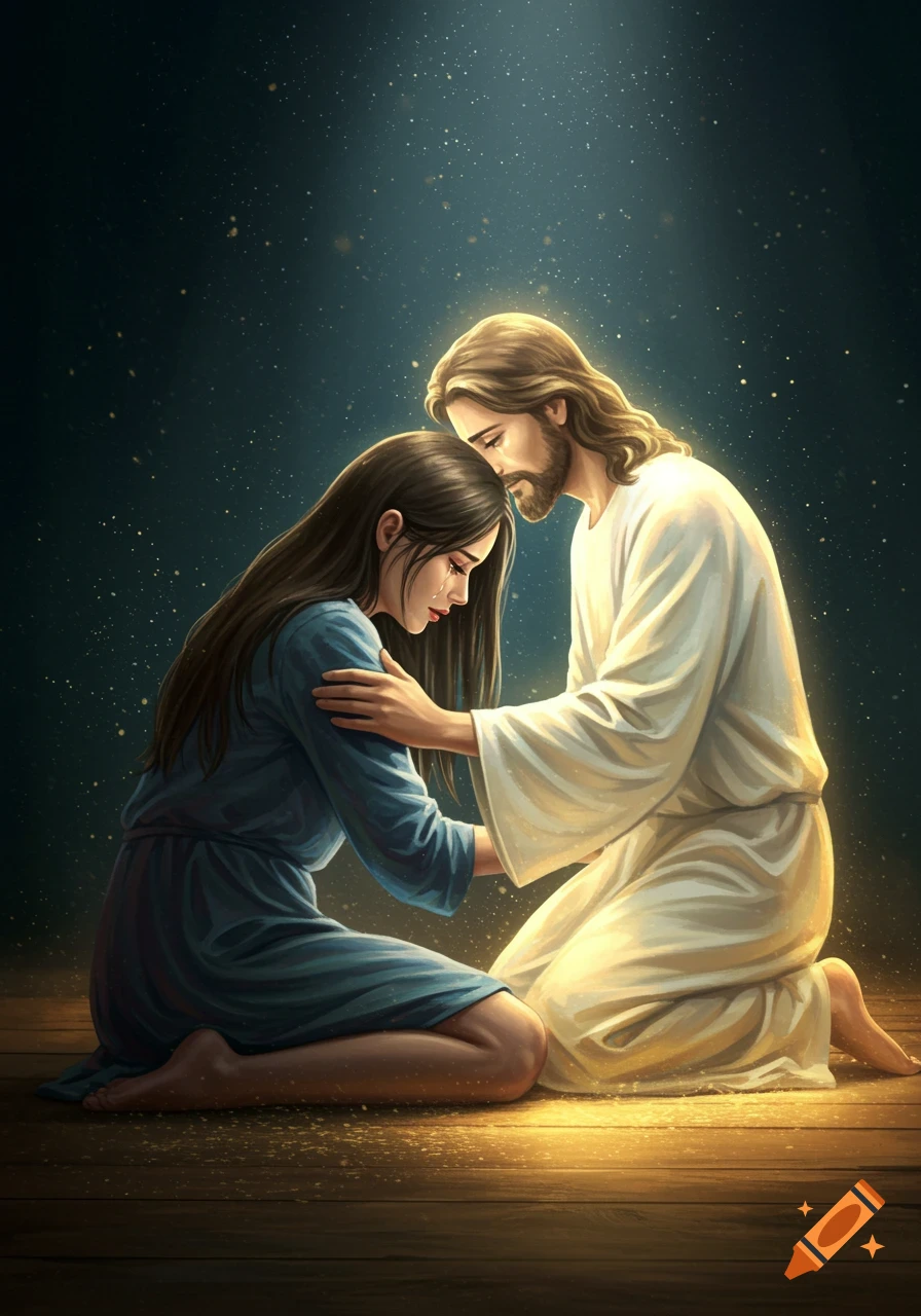 Jesus comforting a crying woman kneeling on a wooden floor in a dimly ...