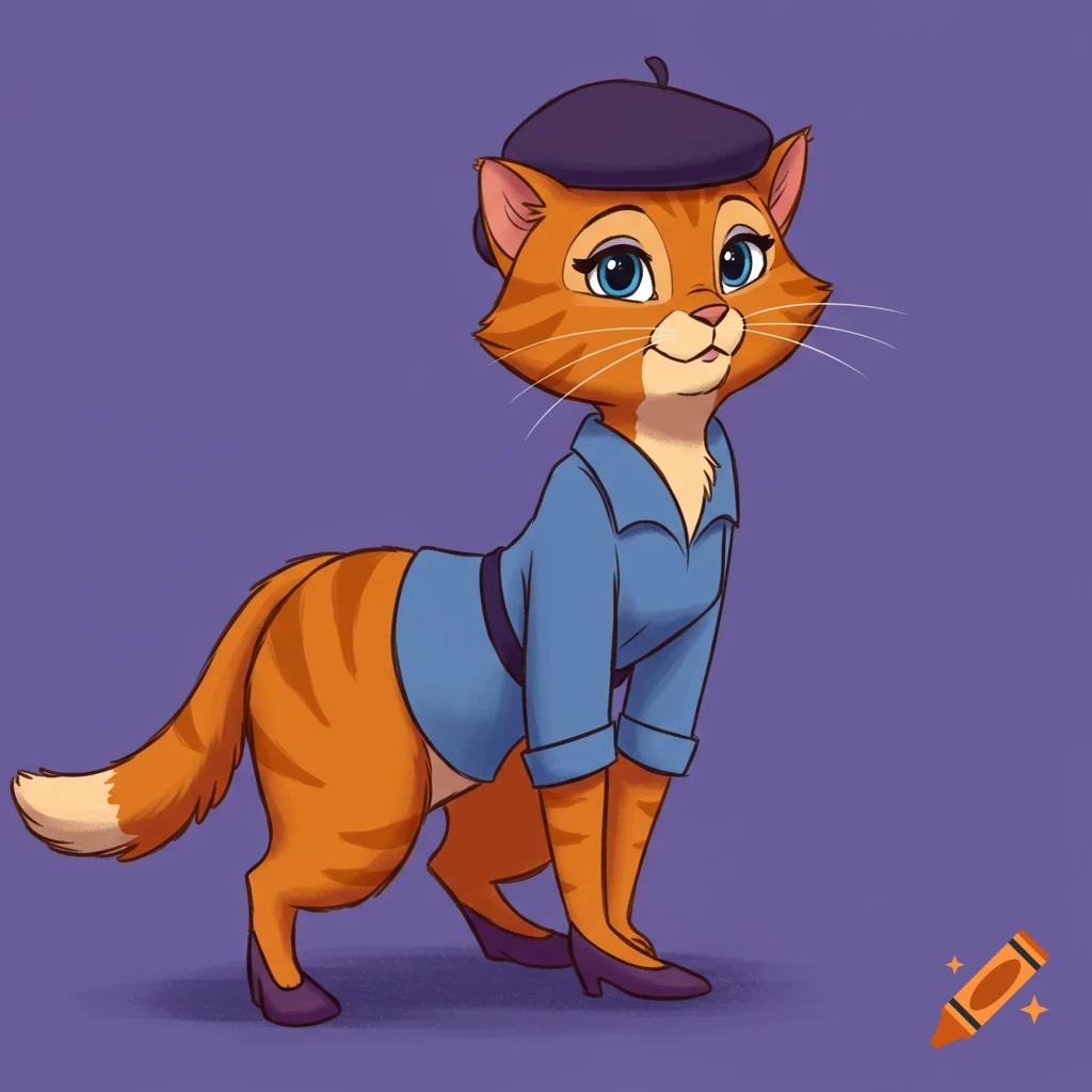 An anthropomorphic orange cat in a blue shirt, purple beret, and purple ...