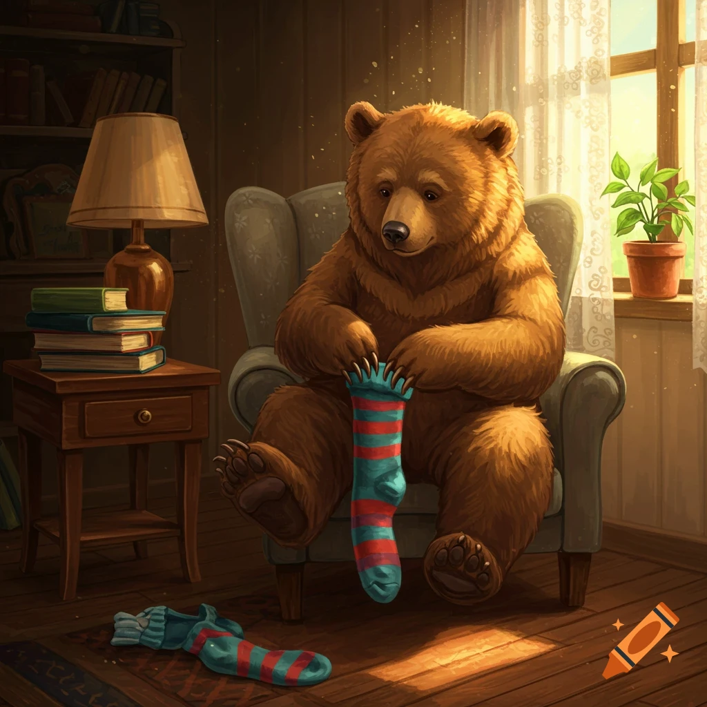 An anthropomorphic bear in an armchair removes a striped sock in a ...