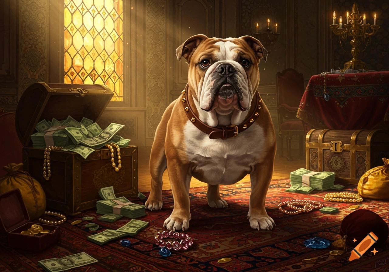 A majestic bulldog stands amidst piles of cash, gold coins, and jewels ...