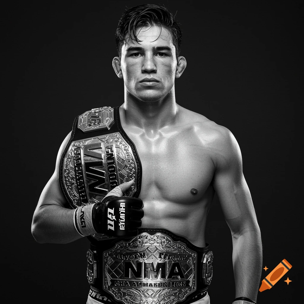 Black and white portrait of a young male MMA fighter with middle-parted ...