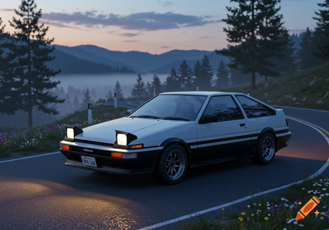 Photorealistic front view of two cars, a dark Lada and a white Toyota ...