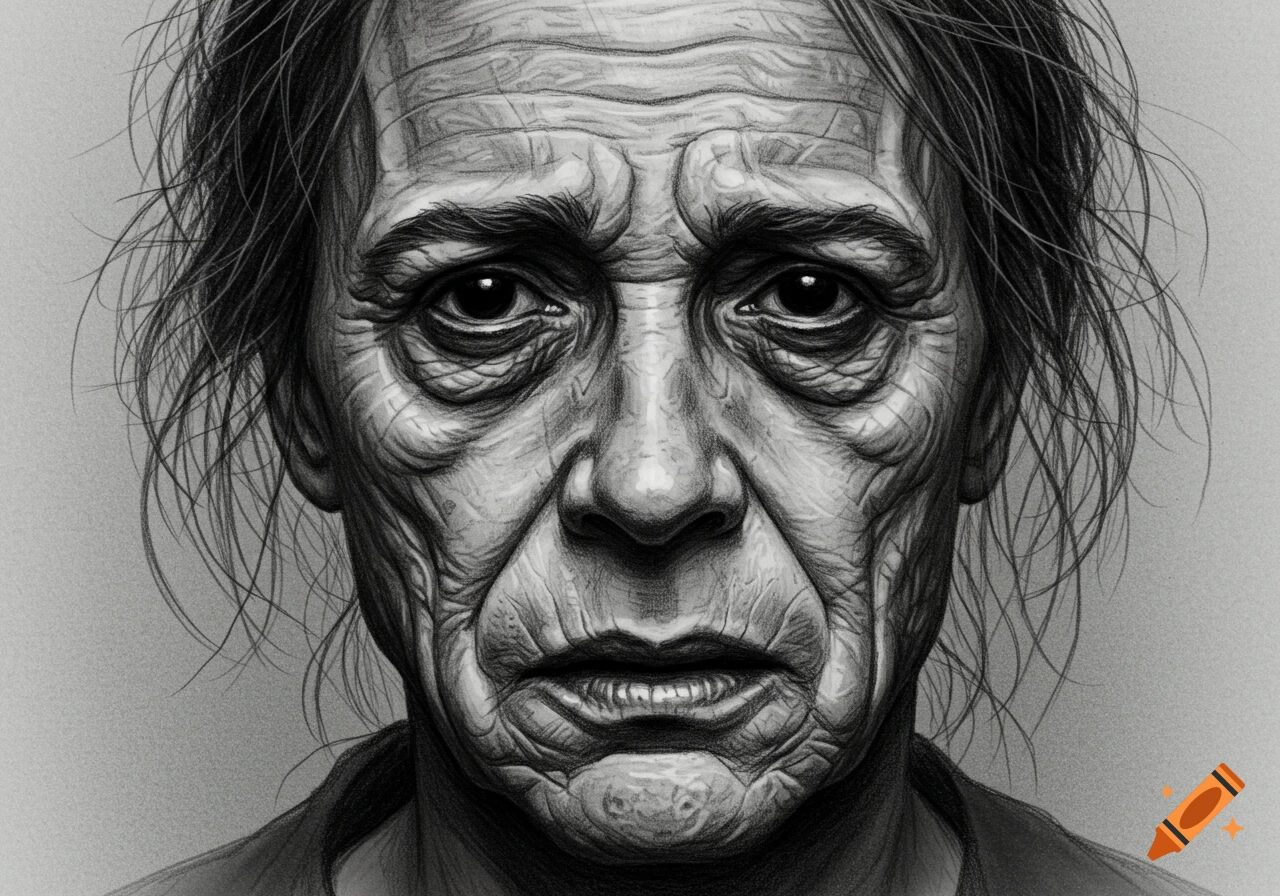 Black and white pencil sketch of an older person's face with deep ...